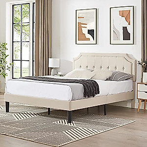 VECELO Upholstered Platform Bed Frame with Adjustable Headboard, Wooden Slats Support, No Box Spring Needed, Modern Style, Full Size