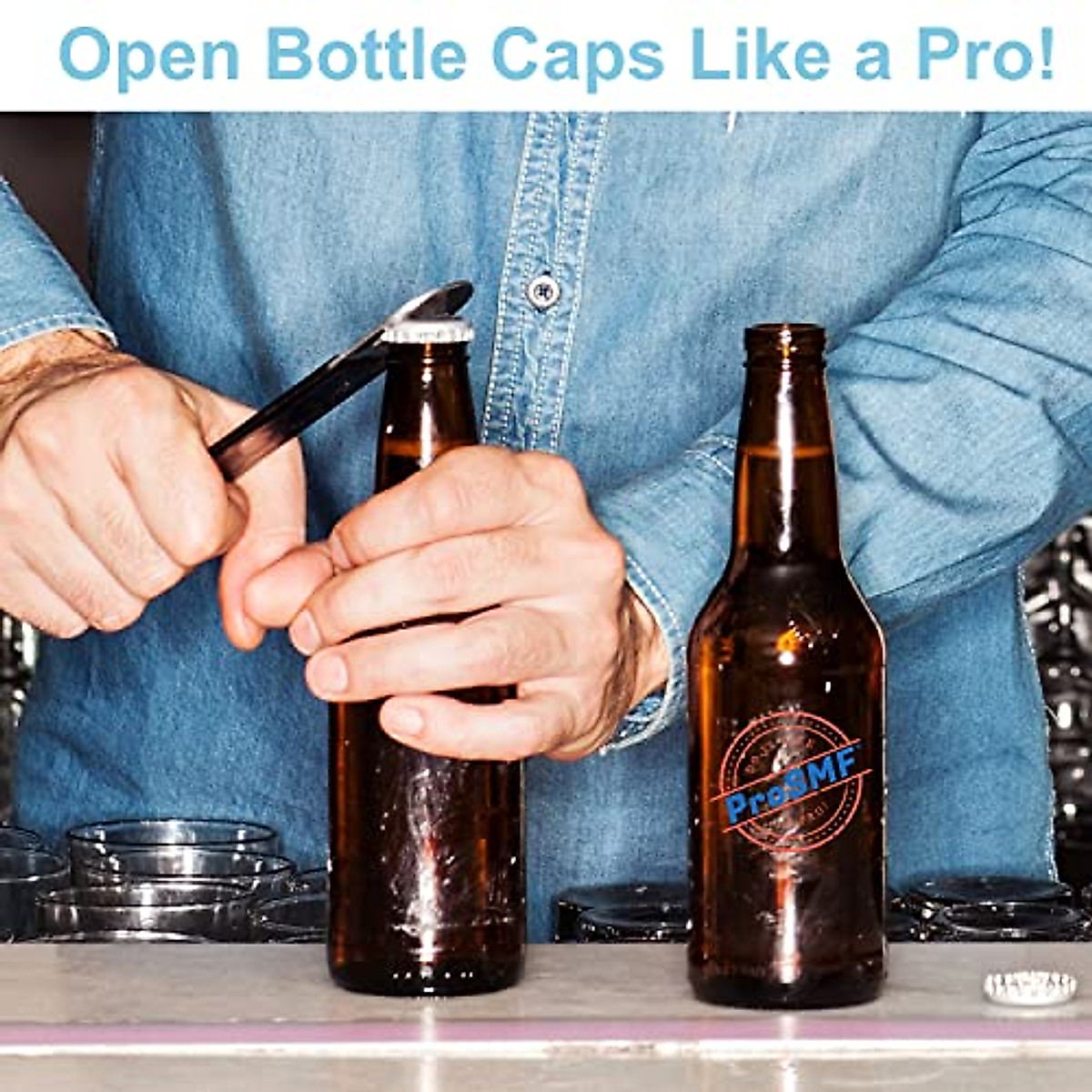 ProSMF Flat Bottle Opener - Bottle Opener for Bartender - Beer Bottle Opener - Stainless Steel - Heavy Duty - Vinyl Rubber Coated Handle - Black - 3 Pack - 2 Large & 1 Mini