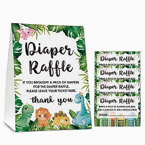 Diaper Raffle Baby Shower Game Set(1 Standing Sign + 50 Guessing Cards), Dinosaur Theme Diaper Raffle Tickets for Baby Shower, Safari Jungle Baby Shower Party Favor Decor - A19
