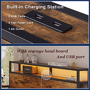 Anwick Industrial Full Bed Frame with LED Light Headboard, Metal Platform Bed with USB Charging Station, Under Bed Storage, No Box Spring Needed (Black, Full)