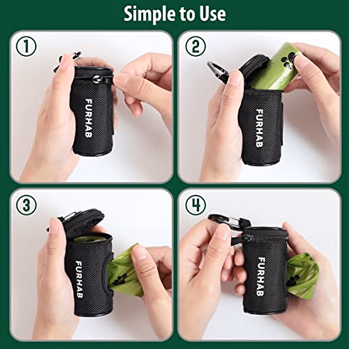 FURHAB Dog Poop Bag Holder Doggie Waste Bag Dispenser for Leash 1680D Nylon Oxford Small Zipper Pouch with Carabiner Clip for Belt Bone-Shaped Opening Portable Set with 1 Roll of Pet Trash Bags, Black