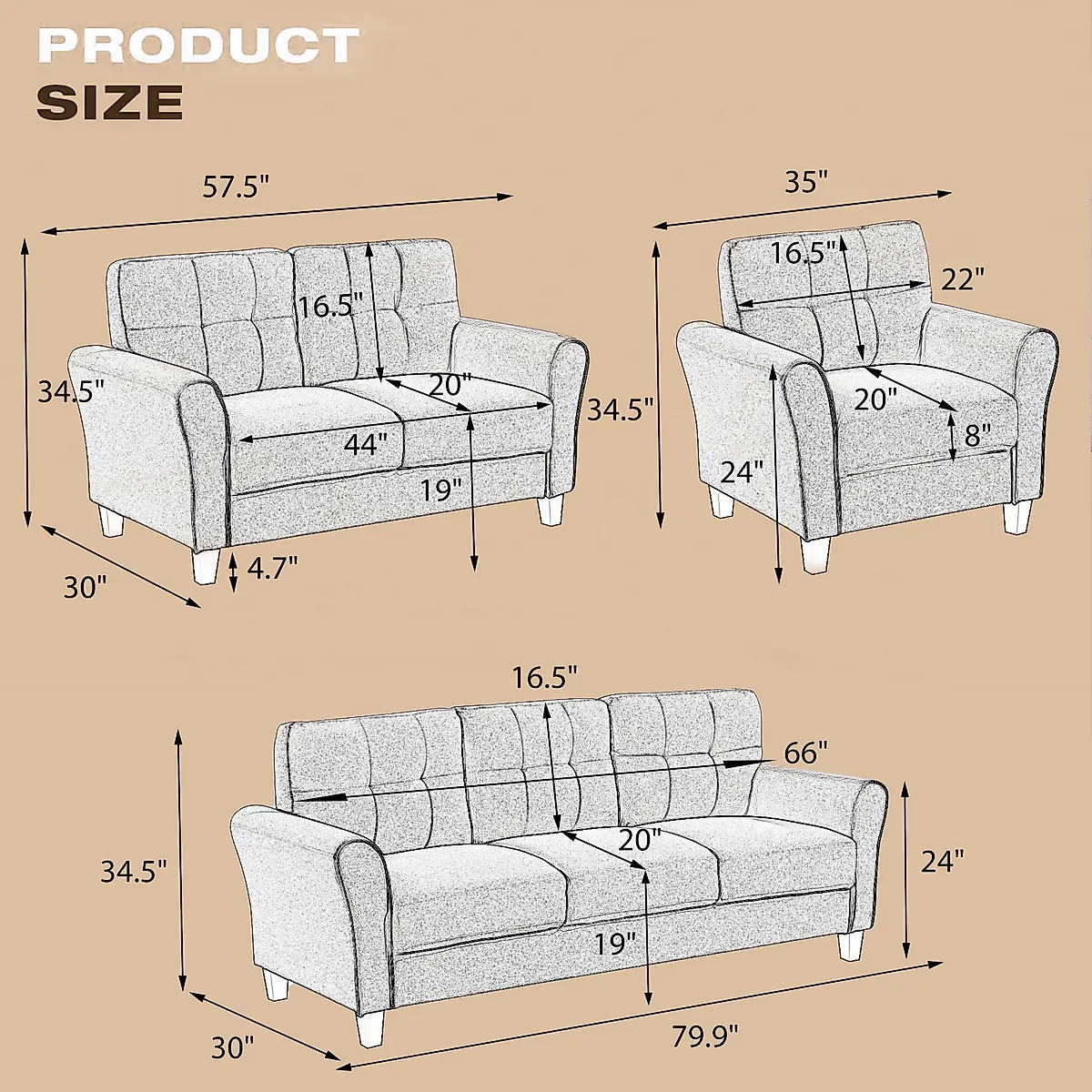 Harper & Bright Designs 3-Piece Living Room Sectional Sofa Set, Modern Style Button Tufted Linen Upholstered Armchair Loveseat Sofa and Three Seat Sofa Set Sectional Couch, Light Gray