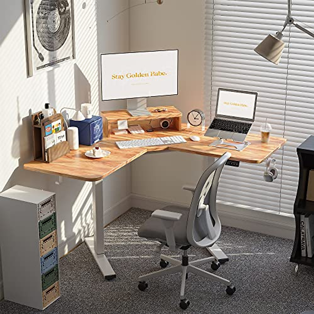 FEZIBO Corner Standing Desk, 48 Inches L Shaped Standing Desk, Electric Stand Up Corner Desk, Home Office Sit Stand Desk with Rustic Top and Black Frame