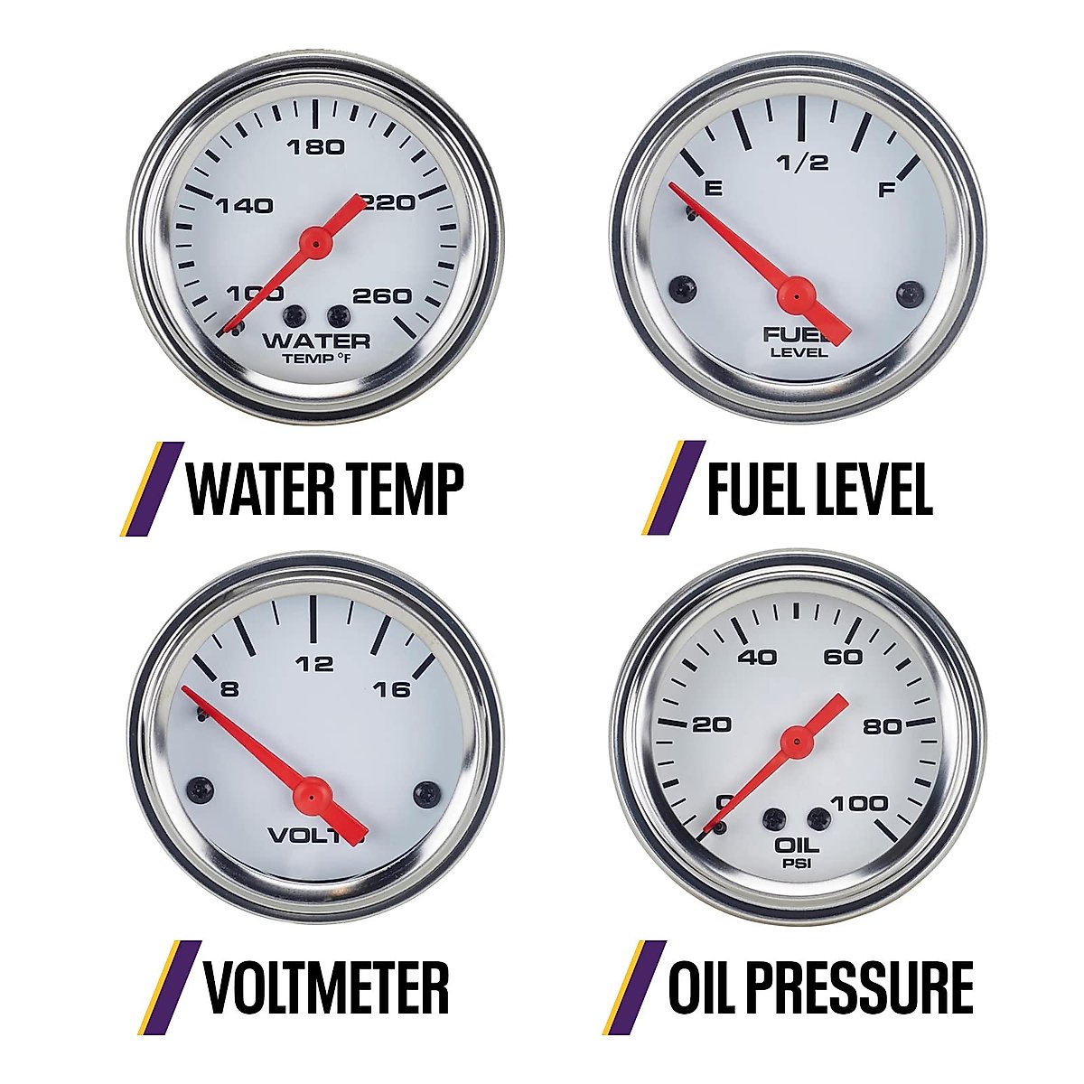 5-Gauge Set Complete Kit: 3-3/8" Mechanical Speedometer, 2-1/16" Component Gauges with White Face, Red Pointer & Chrome Bezel, Includes Tubing, Adapters, Fuel Level Sender