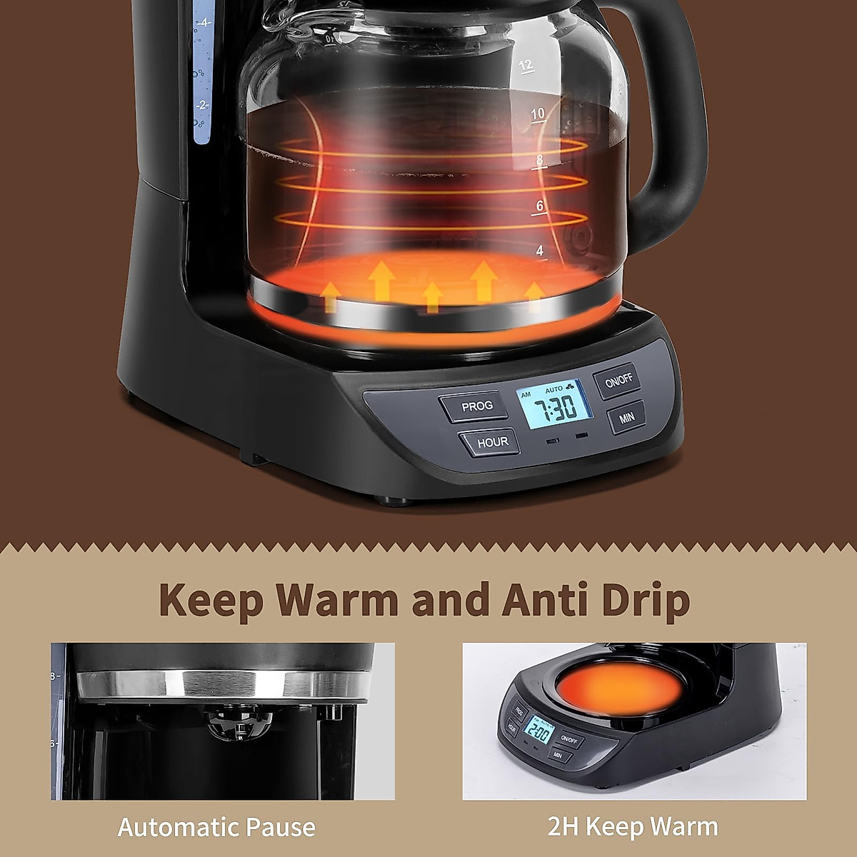 Aigostar Programmable Coffee Maker, 12 Cup Coffee Maker with Glass Carafe, Auto Pause Drip Coffee Maker, 24H Timer and Auto Keep Warm Small Coffee Maker with Permanent Filter, Black