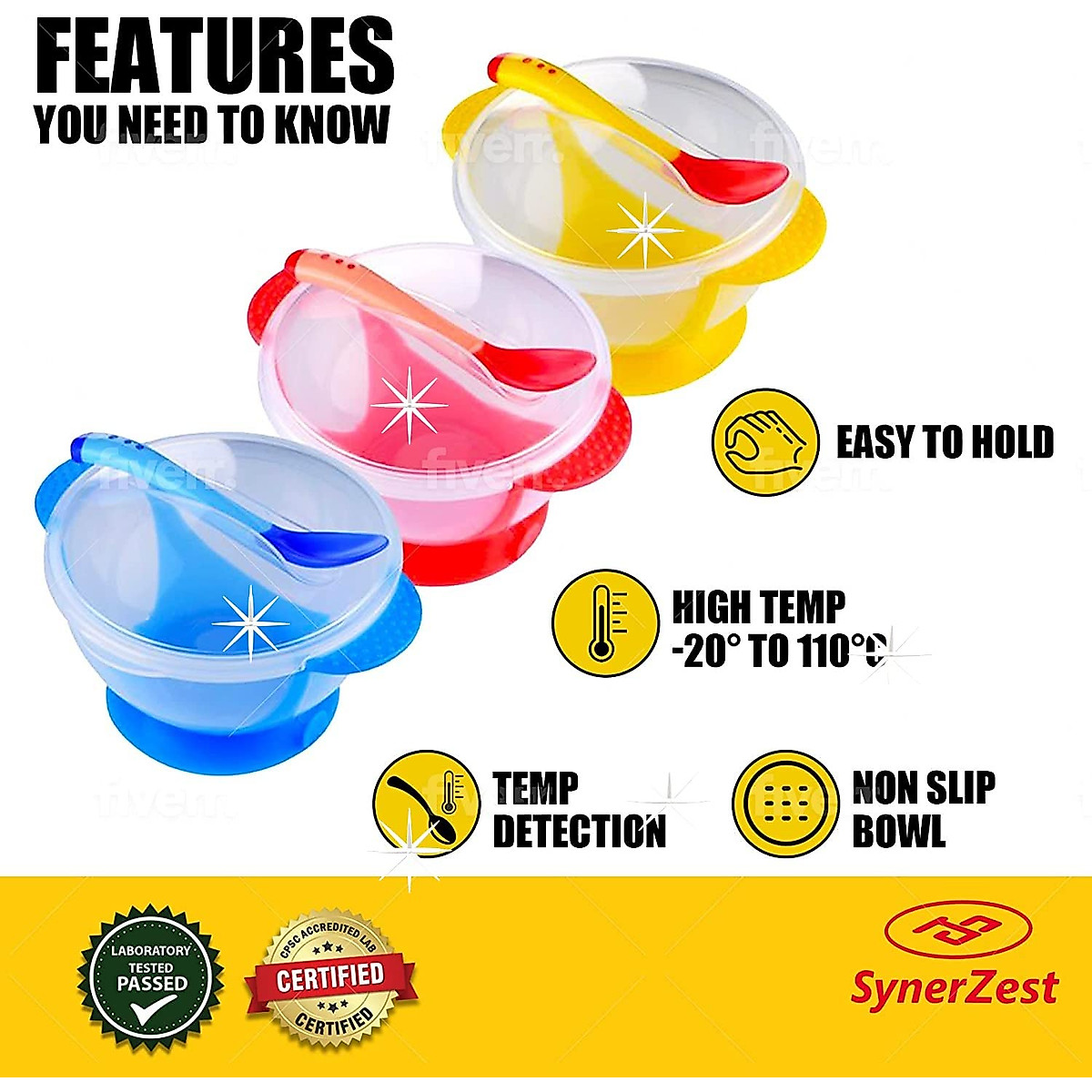 Baby Food Bowl with Thermal Spoon-Holder Cover, Full Silicon Base. (Laboratory Tested Bowl) Toddler Bowl NOT Too Soft/Durable/Quality/Safe for Infant and Elderly (9 Pieces, 3SETS)