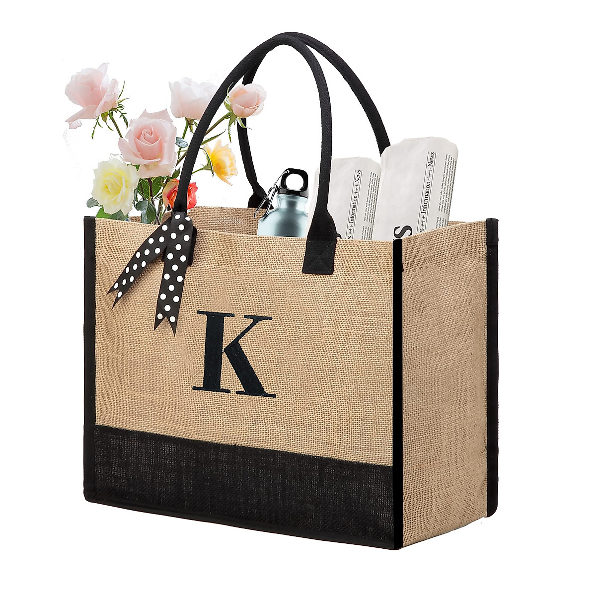 BeeGreen Initial Jute Tote Bag for Women Beach Tote Bag with Handles Thank You Gift for Teacher Friends Bridesmaid Mother Personalized Monogram Gift Bag for Birthday Bridal Shower K