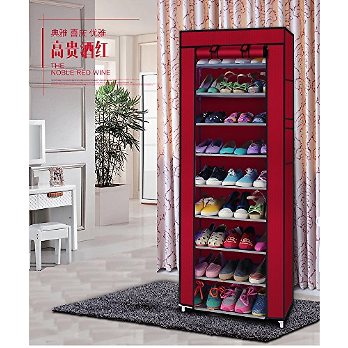 MallMall 10 Tiers Shoe Rack with Dustproof Cover Closet,30-Pair Shoes Rack Storage Cabinet Organizer (Wine red)