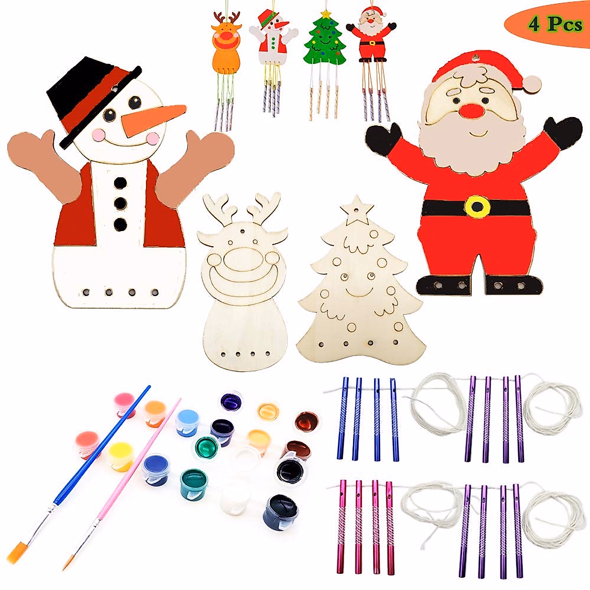 DEUXPER Make Your Own Christmas Ornaments Wind Chime Kit - Arts & Crafts Construct & Paint 4 Wind Powered Musical Chime DIY Gifts for Kids, Boys & Girls