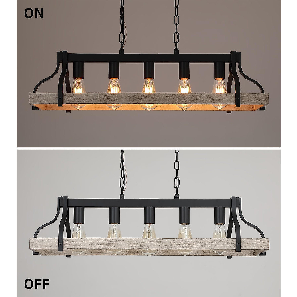 MEIXISUE Chandeliers for Dining Room Kitchen Island Lighting Fixtures Farmhouse Industrial 5-Lights Linear White Birch and Black Metal Finish Chandelier for Living Room UL Listed