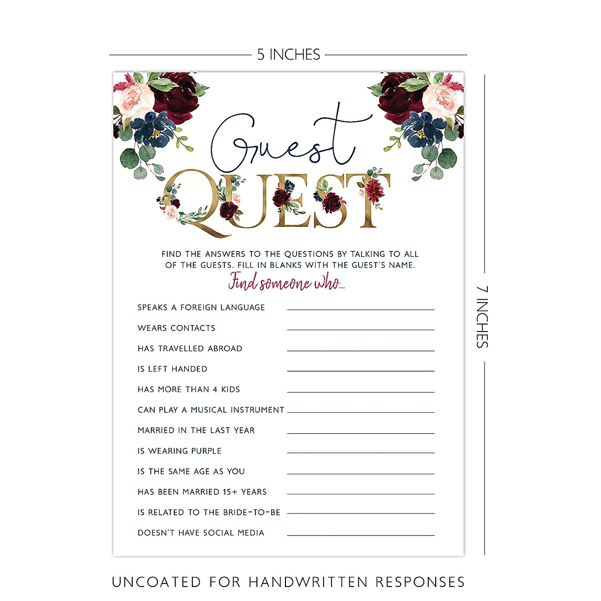 Your Main Event Prints Navy Burgundy Bridal Shower Bachelorette Games - Floral, He Said She Said, Find The Guest, Would She Rather, What's In Your Phone - 25 Games Each, Printed Front and Back, One Game Per Side