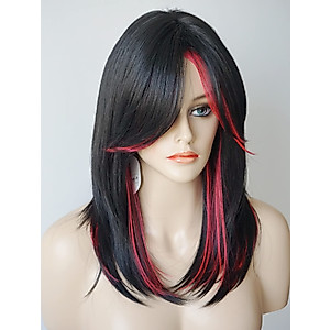 Medium Length Layered Wigs Black with Red Highlights wigs Layered wig with bangs Synthetic wig Highlight for white Women (Black with red)