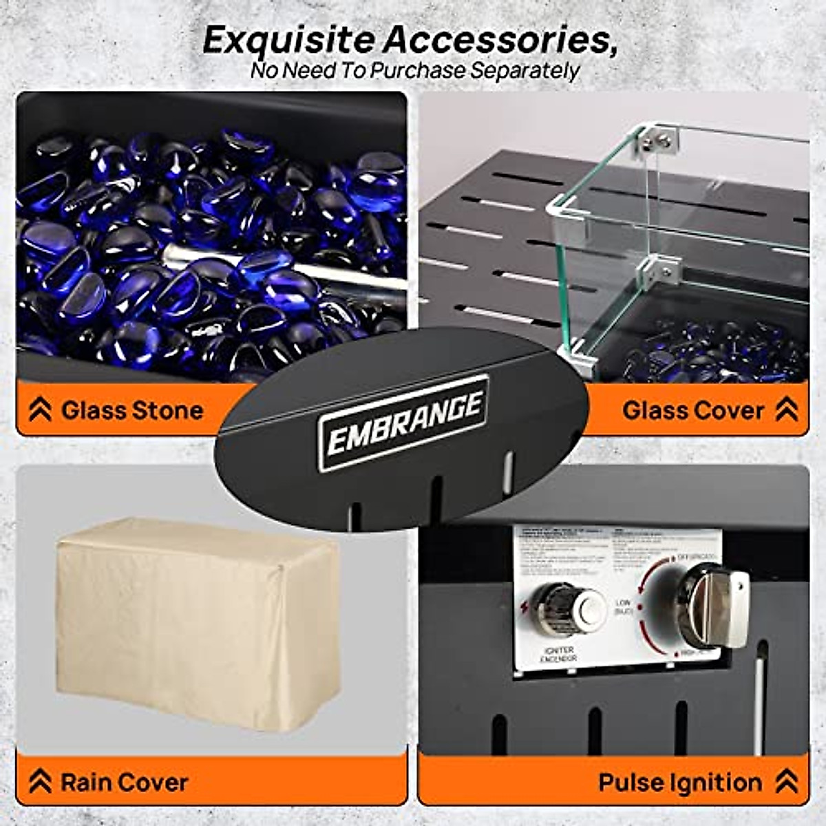 EMBRANGE Gas Fire Pit 43 Inch Propane Fire Pits, Pulse Ignition 50,000 BTU Steel Fire Pit with Glass Wind Guard, Waterproof Cover,Glass Stone, Add Ambience to Gatherings on Patio Garden Backyard