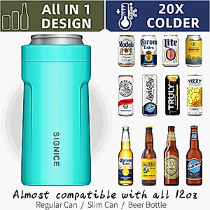4-IN-1 Insulated Can Cooler with Lid - Newest Signice 12 Oz Stainless Steel Can Cooler Double Walled Vacuum Insulator for Skinny Tall Slim Can/Standard Regular Can/Beer Bottle (Aqua)