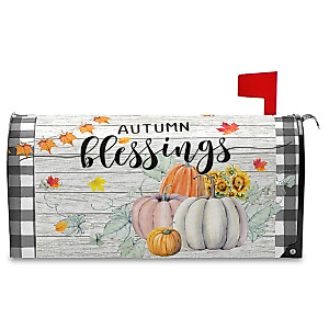 Wamika Autumn Blessing Mailbox Cover Standard Size Fall Pumpkin Sunflower Maple Leaves Magnetic Mailbox Covers Garden Yard Post Wraps Letter Box Cover Buffalo Plaid Decorations 21" L x 18" W