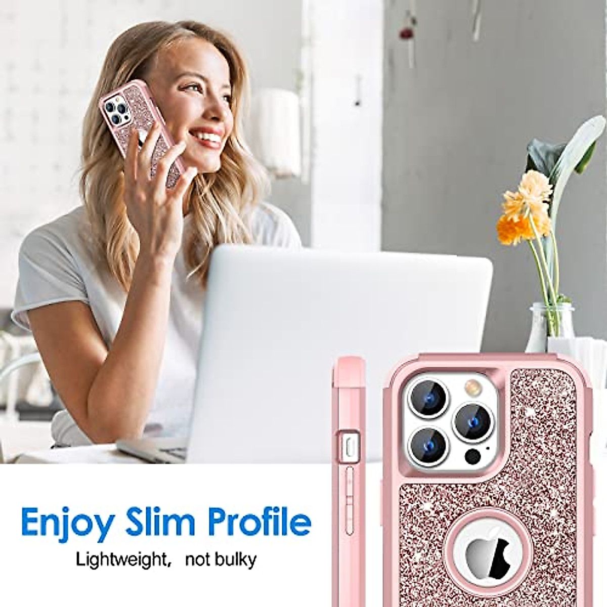 Hython for iPhone 14 Pro Max Case, Heavy Duty Full-Body Defender Protective Phone Cases Glitter Bling Sparkle Hard Shell Hybrid Shockproof/Drop Proof 3-Layer Military Rubber Bumper Cover Women Girls