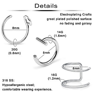 Ftovosyo Fake Lip Rings T Shaped Stainless Steel Gothic Clip on Non Piercing Nose Ring Double Cartilage Helix Earrings Ear Cuff for Women Men Silver-Tone Rose Gold