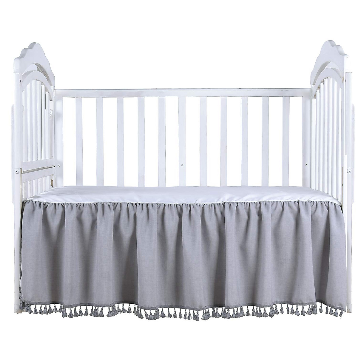 leegleri Crib Bed Skirt Pleated Ruffle with Tassel Nursery Crib Bedding Skirts for Baby Boys or Girls, 15" Drop/Grey