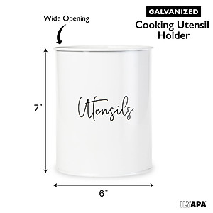Ilyapa White Utensils Holder, Farmhouse Utensil Holder, Countertop Caddy Cooking Utensil Organizer, Galvanized Crock, White Kitchen Decor for Countertops 5.5" x 6.75"