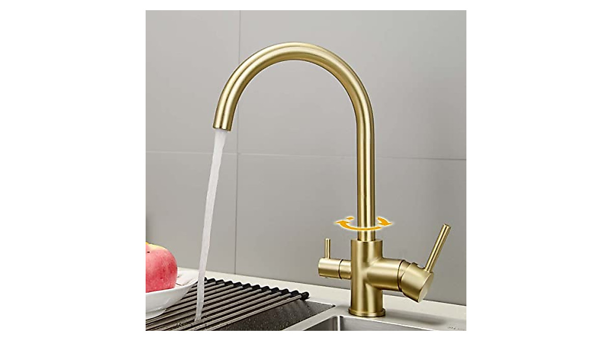 Techzm Tri Flow 3-Way Kitchen Faucet with Water Filter | Brushed Gold