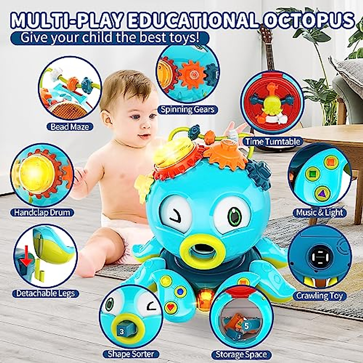 BLUEYAK Octopus Baby Toys, Musical Crawling Toys with Music & Light 12 in 1 Baby Activity Cube Toy Tummy Learning & Education Toys Baby Sensory Toys Walkers for Babies Infant Toys for Boy Girl Gifts