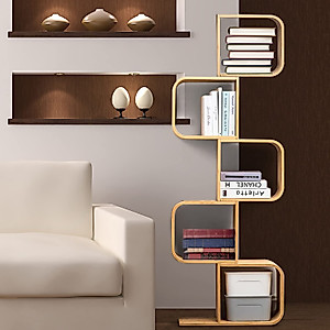 5-Tier S-Shaped Geometric Modern Bamboo Bookshelf, Large Capacity Creative Display Curved Rack Free-Standing Bedside Table 2 in 1 Bookcase Storage CDs, DVDs Book Shelf for Home, Office, Living Room