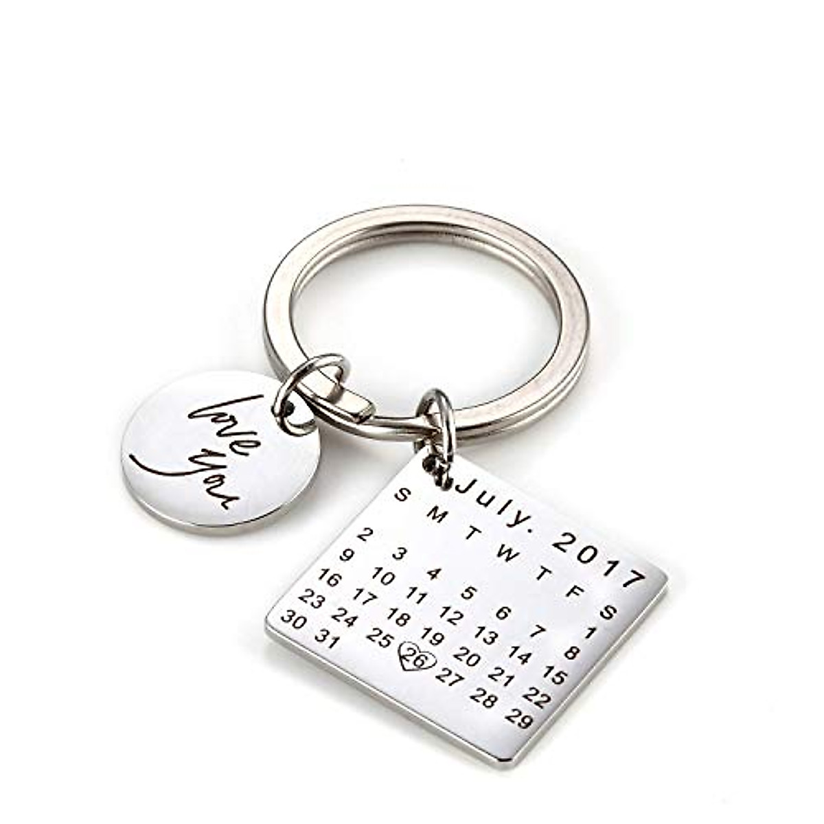 onlylove-handmade Personalized Engraved Calendar Date Keychain Custom Message Stainless Steel Keyring Memorial Keepsake Gift for Anniversary (Silver)