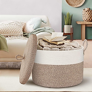 MEGASKET Large Basket with Lid, 20" x 20" x 15" Blanket Storage Basket for Living Room, Wicker Storage Basket with lid, Woven Cotton Rope Baskets for Storage, Big Throw Blankets Pillows Organizer Bins
