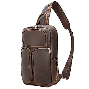Polare Vintage Full Grain Leather Sling Bag for Men Multipurpose Daypack Shoulder Chest Crossbody Bag Travel Backpack Large Fits iPad Pro 12.9''