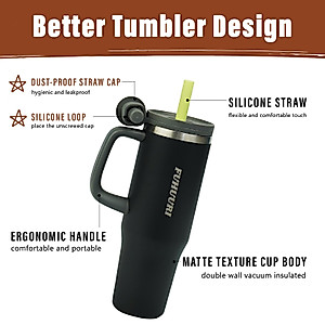 FUHUURI 40oz Stainless Steel Tumbler with Handle,Straw Lid,Double Wall Insulated, Keep Drinks Cold or Hot,Cupholder Friendly (Black grey)
