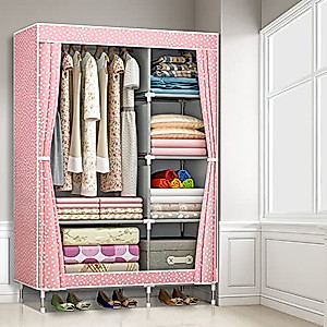 Wardrobe Portable Closet Clothes Storage Organizer with Pink Fabric Cover and Hanging Rails, Quick and Easy to Assemble, Extra Sturdy, Clothing Storage Closet Shelves for Bedroom, Cloakroom, Apartment