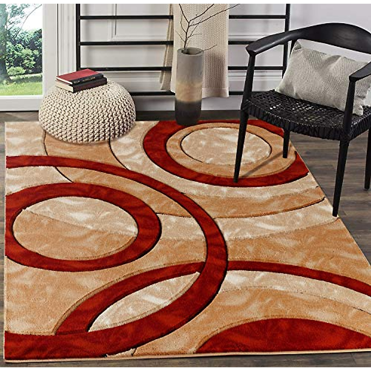 GLORY RUGS Area Rug Modern 8x10 Dark red Circles Geometry Soft Hand Carved Contemporary Floor Carpet Fluffy Texture for Indoor Living Dining Room and Bedroom Area