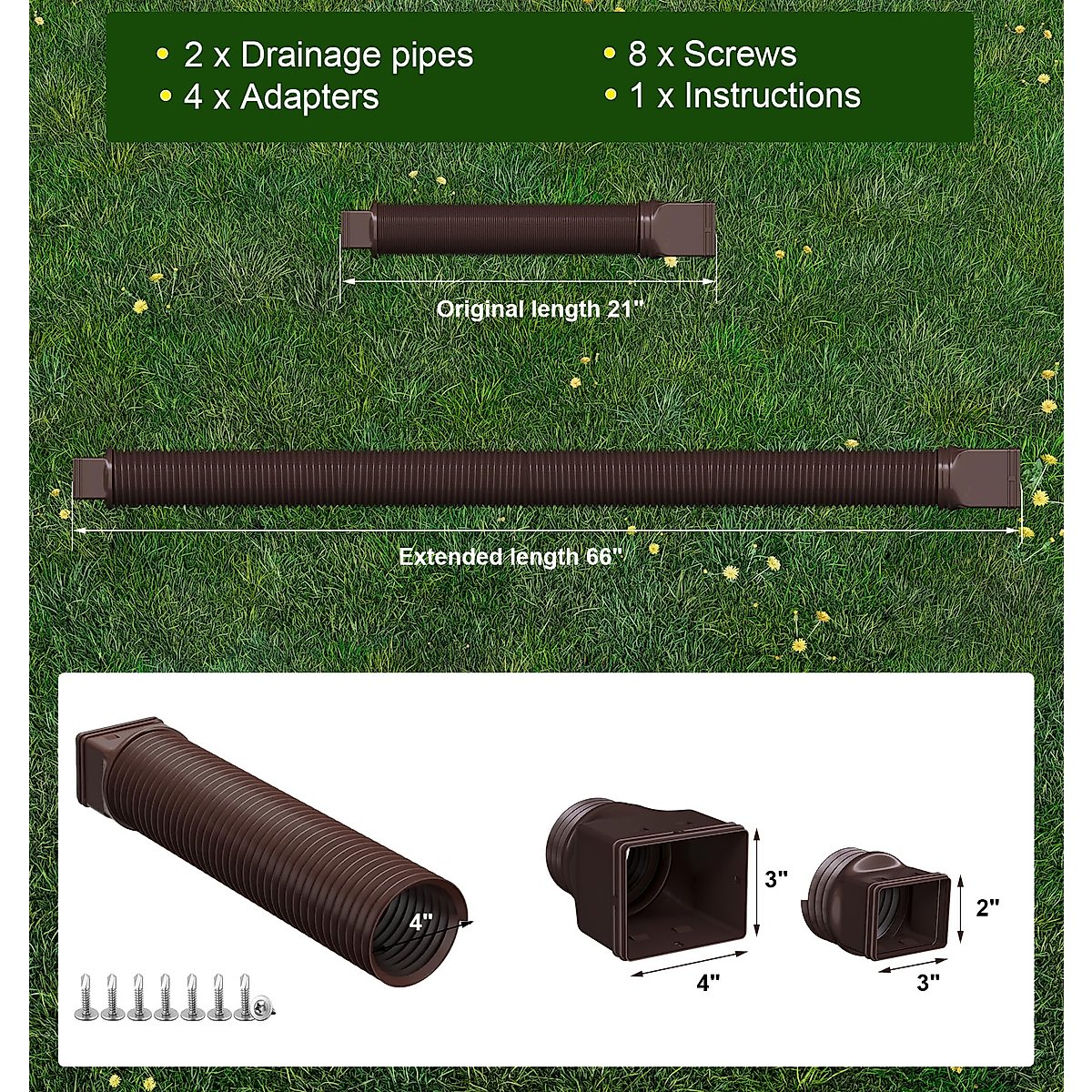 Ogutter Rain Gutter Downspout Extensions, Downspout Extender for Rainwater Drainage Flexible, Down Spout Drain Extension Pipe and Extendable from 21 to 66 Inches (2 Pack, Brown)