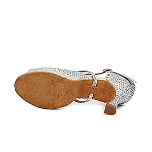 Minishion Women's Dance Heel Platform Toe Rhinestone Dancing Shoes L458 Silver US 4