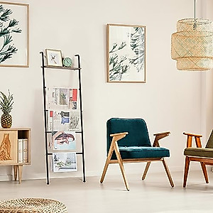 smusei Towel Blanket Ladder Wall Leaning Industrial 5 Tier Ladder Shelf for Towel with Wood Shelf Modern Metal Standing Bath Towel Storage Shelf for Bathroom, Living Room, Black