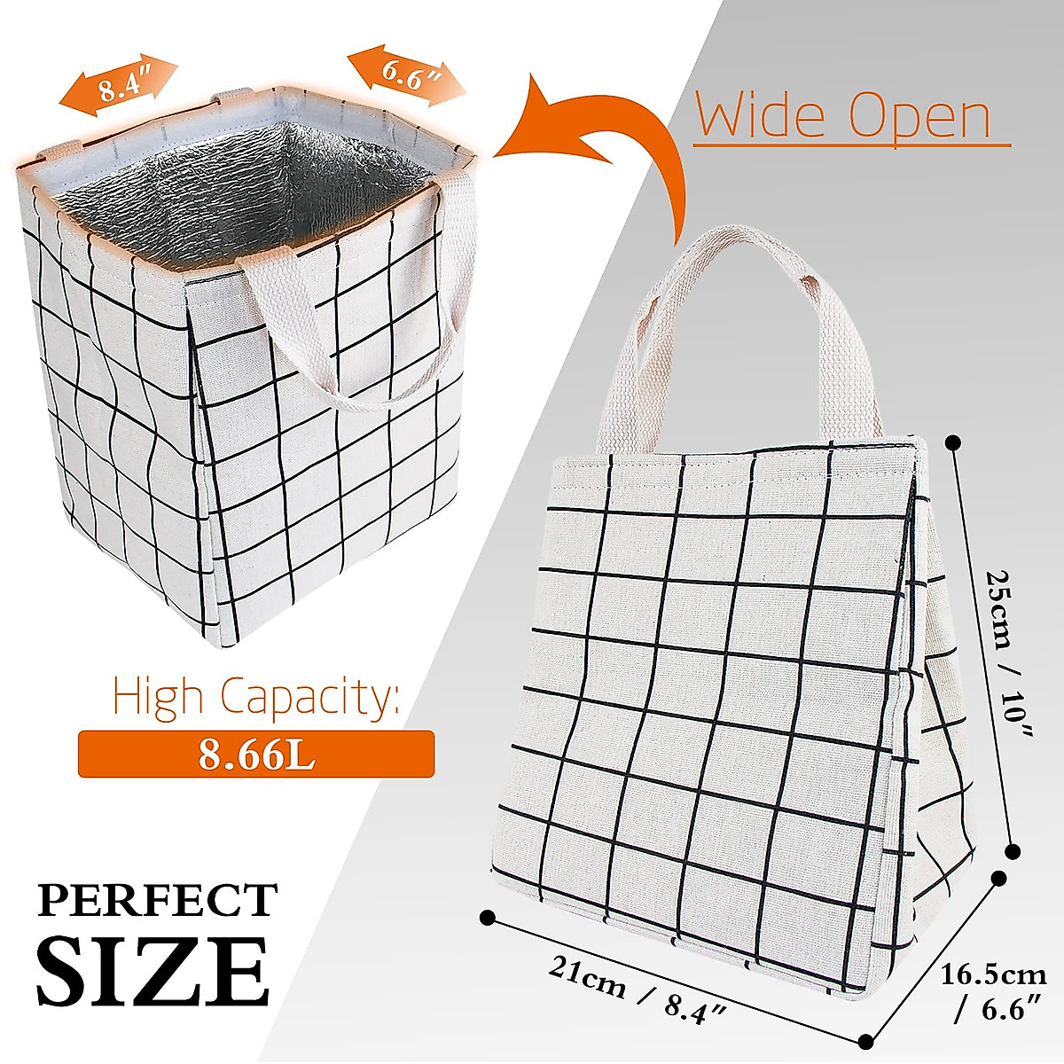 Daixers Lunch Bag Insulated Lunch Box for Women Men,Reusable Adult Lunch Tote Bags for Work or Travel (White Plaid)