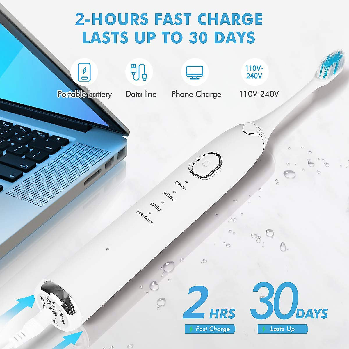 WOSUK Electric Sonic Toothbrush Powerful Sonic Cleaning Toothbrush with Timer 4 Modes Dentists Recommend Sonic Rechargeable Toothbrush for Adults, 2 Hr Charge Last 30 Days, 4 Brush Heads
