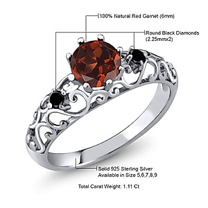 Gem Stone King 925 Sterling Silver Red Garnet and Black Diamond Engagement Ring For Women (1.11 Cttw, Gemstone Birthstone, Available In Size 5, 6, 7, 8, 9)