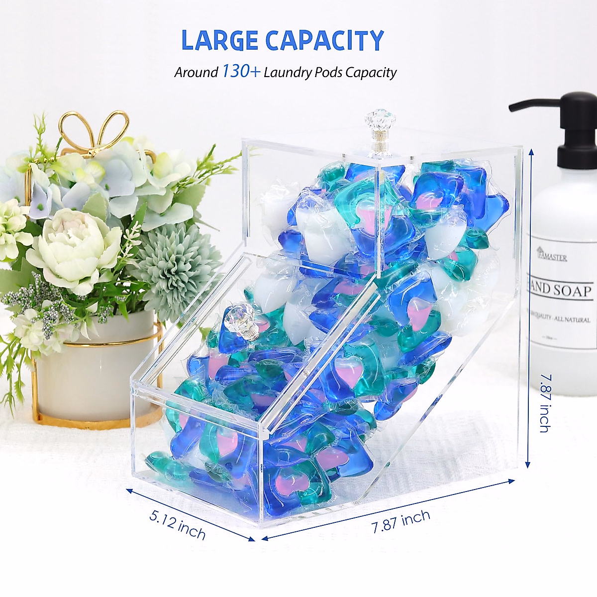 Famaster Laundry Pods Container, Acrylic Candy Dispenser, Clear Dishwasher Pods Container, Pod Slide Down Easily, Cute Laundry Pod Holder for Laundry Room Organization, Storage, Decor and Accessories