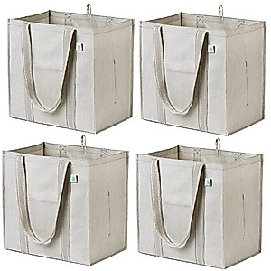 VENO 4 Pack Reusable Grocery Shopping Bag w/bottle holder, Hard bottom, Foldable, Multipurpose Heavy Duty Tote, Daily Utility bag, Stands Upright, Sustainable (Set of 4, Beige)