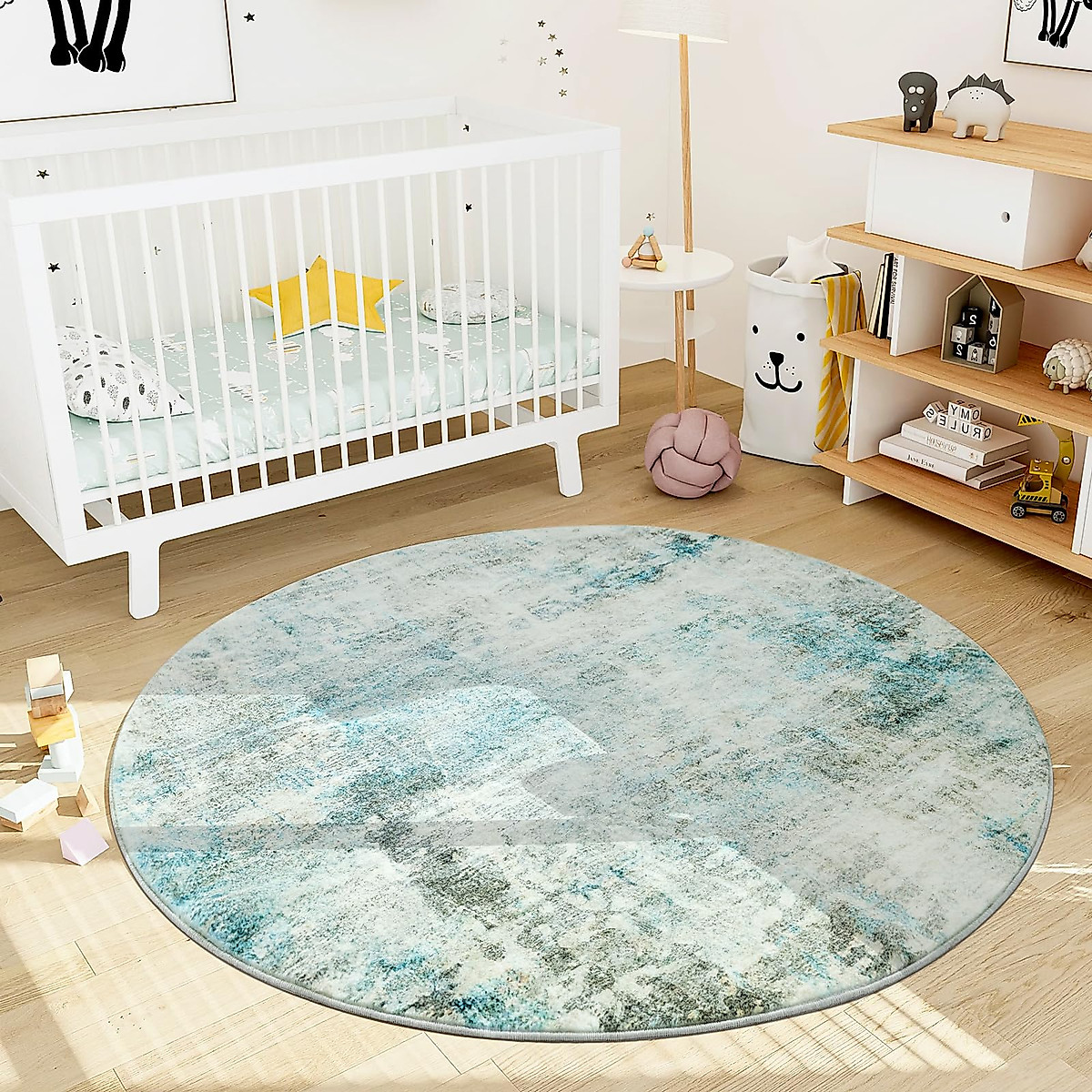 Asrug Large Teal Round Rug 6ft, Abstract Circle Rugs for Living Room Non-Slip Machine Washable Round Area Rug for Kitchen Bedroom Nursery Dining Room, Modern Soft Throw Floor Carpet Low Pile