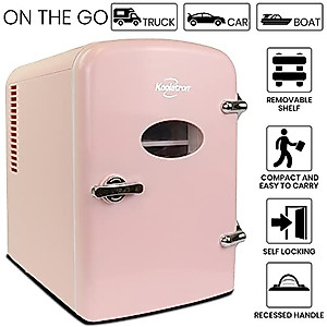 Koolatron 4L Retro Portable Mini Fridge w/ 12V DC and 110V AC Cords, 6 Can Personal Cooler for Snacks, Beverages, Skincare, Beauty Serum, Face Mask, Desktop Accessory for Home Office Dorm Travel, Pink