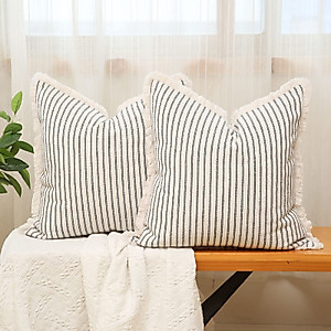 Hckot Throw Pillow Covers 18x18 Set of 2 Striped Pillow Covers with Fringe Chic Cotton Decorative Pillows Square Cushion Covers for Sofa Couch Bed Living Room Farmhouse Decor,Grey