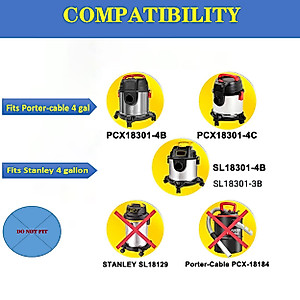 Pack 6 Vacuum Bags For Porter-Cable and Stanley 4 Gallon 5 Gal Shop Vac, Replacement Parts AT25-1238 Accessories Kit 25-1238