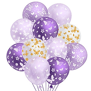 PANTIDE 36Pcs Butterfly Print Balloons 12 Inches Purple and White Latex Balloons Butterfly Fairy Patterns for Weeding Baby Shower Birthday Party Supplies Decorations Activities Graduation with Ribbon