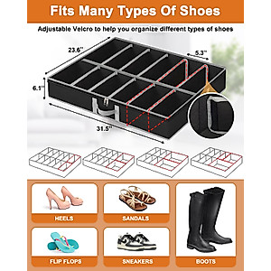 punemi Under Bed Shoe Storage Organizer, Adjustable Velcro Shoe Organizer Under Bed With Bottom Support & 3 Sturdy Handles, Underbed Shoe Organizers For Closet Boot, Sneakers, Heels, Set Of 2