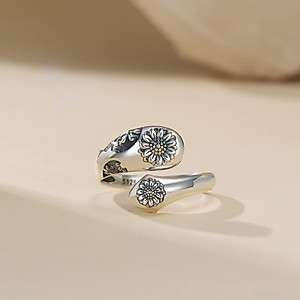 SVODEA Sunflower Rings for Women 925 Sterling Silver Vintage Spoon Ring Daisy Adjustable Rings You are My Sunshine Flower Statement Band for Women