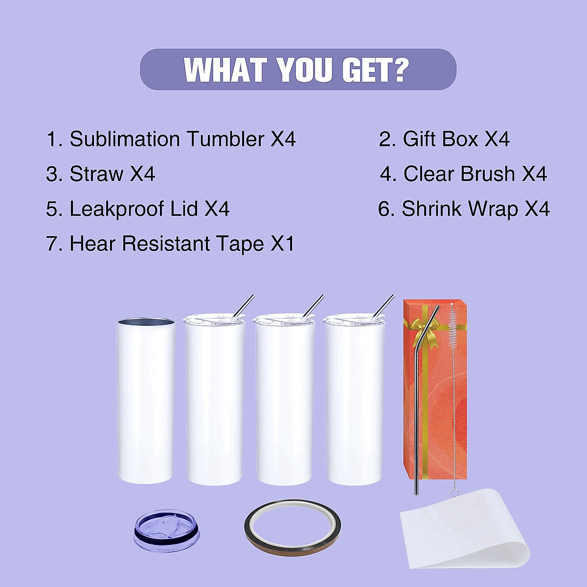 A-SUB Sublimation Tumbler, 20 OZ Skinny Straight White Tumbler for Sublimation, Double Wall Insulated Tumbler with Straw and Lid, 4 Pack Blank Tumblers Individually Boxed