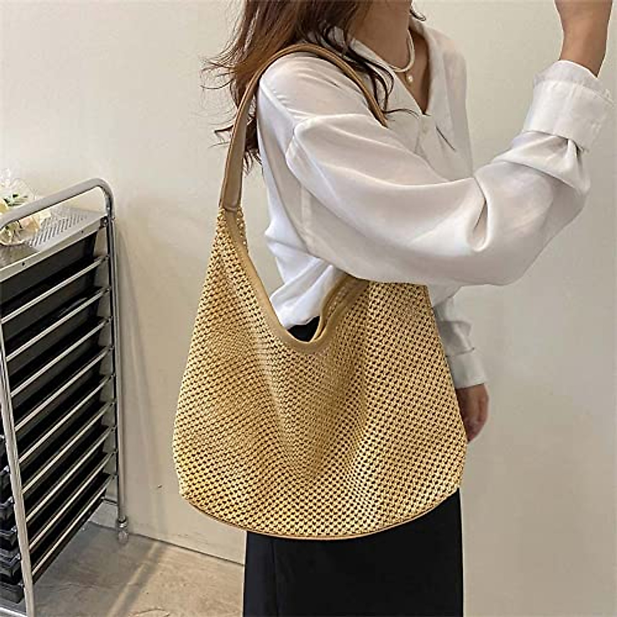 Straw Bag for Women Summer Beach Bag Soft Rattern Woven Tote Bag Large Straw Shoulder Bag for Vacation Casual