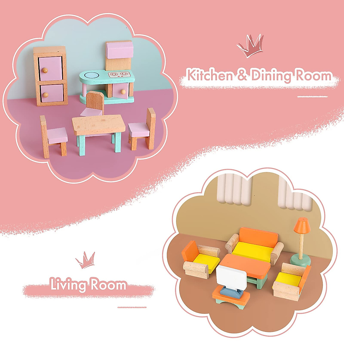 Abellzos Wooden Dollhouse Furniture Set, 24 PCS Miniature Doll House Accessories with Dining Room, Living Room, Bedroom, and Bathroom, Birthday Gift Toys for Toddlers Girls Boys Age 3+